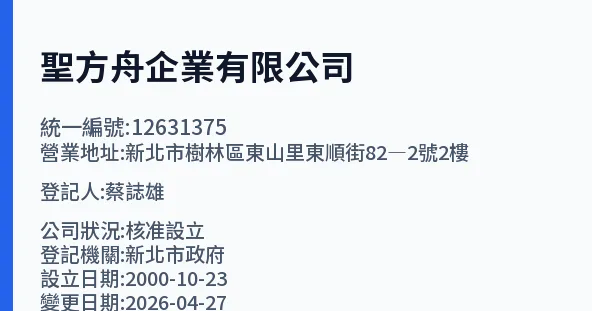 聖方舟企業有限公司的照片-統編 12631375(新北市) 公司登記資料與營業項目詳細圖表