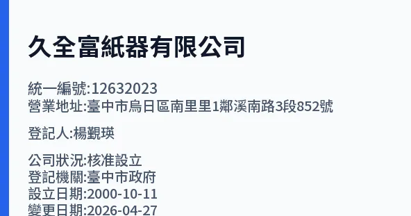 久全富紙器有限公司的照片-統編 12632023(臺中市) 公司登記資料與營業項目詳細圖表