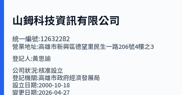 山鉧科技資訊有限公司的照片-統編 12632282(高雄市) 公司登記資料與營業項目詳細圖表