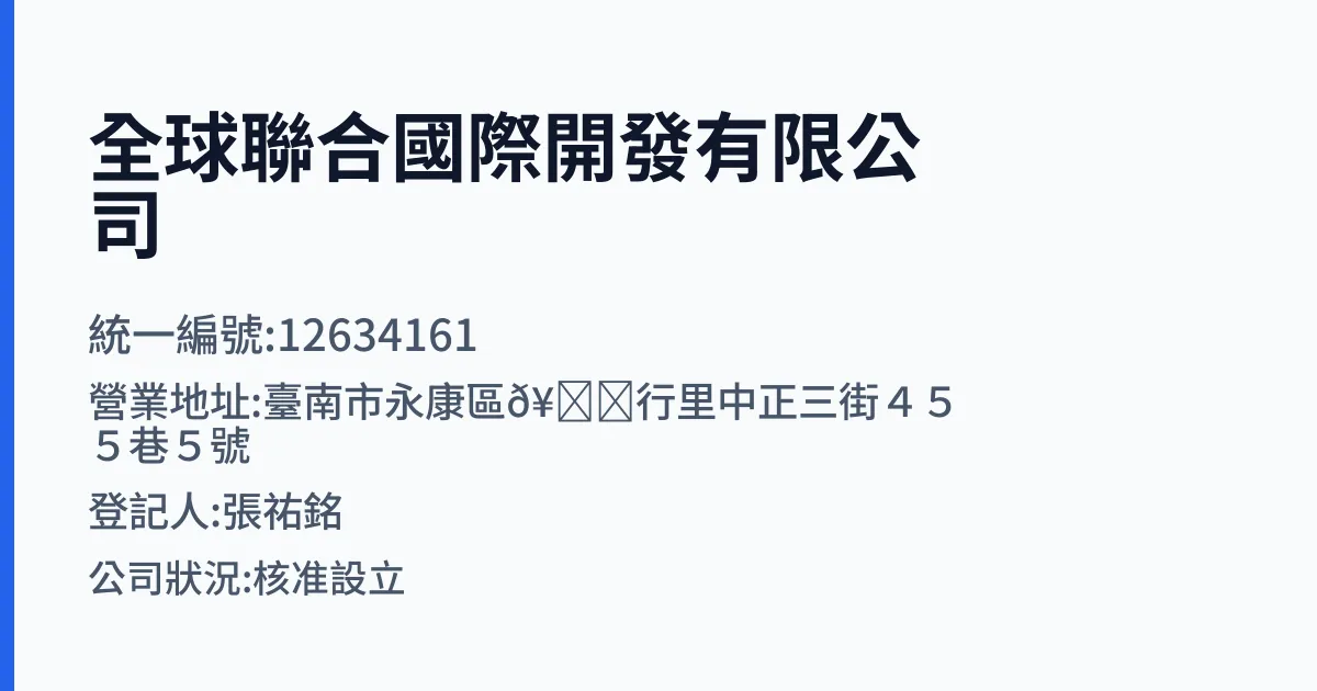 全球聯合國際開發有限公司 - 統編 12634161(臺南市) 公司登記資料與營業項目詳細圖表