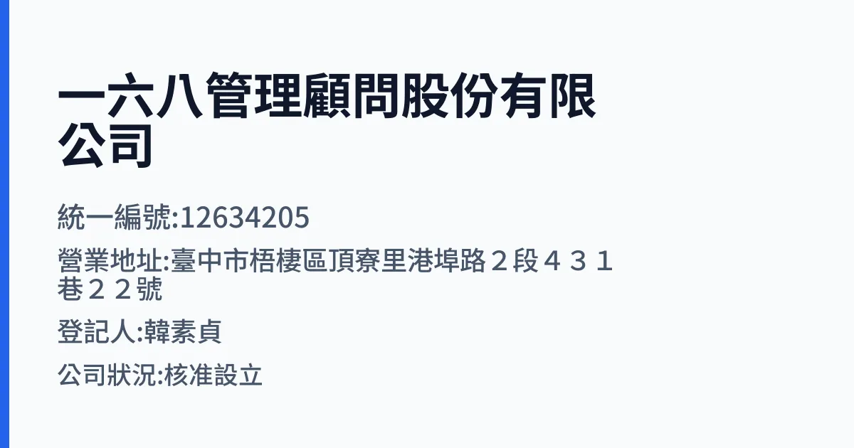 一六八管理顧問股份有限公司 - 統編 12634205（臺中市） 公司登記資料與營業項目詳細圖表