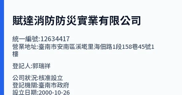 賦達消防防災實業有限公司的照片-統編 12634417(臺南市) 公司登記資料與營業項目詳細圖表