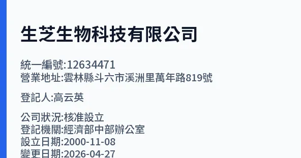 生芝生物科技有限公司的照片-統編 12634471(雲林縣) 公司登記資料與營業項目詳細圖表