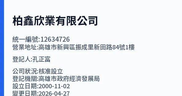 柏鑫欣業有限公司的照片-統編 12634726(高雄市) 公司登記資料與營業項目詳細圖表