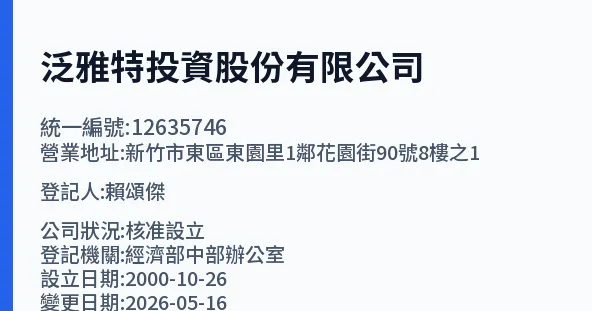 泛雅特投資股份有限公司的照片-統編 12635746(新竹市) 公司登記資料與營業項目詳細圖表
