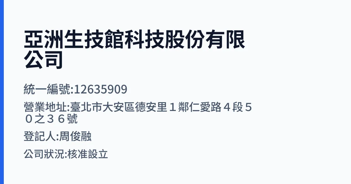 亞洲生技館科技股份有限公司 - 統編 12635909(臺北市) 公司登記資料與營業項目詳細圖表