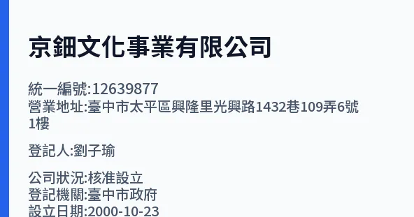 京鈿文化事業有限公司的照片-統編 12639877(臺中市) 公司登記資料與營業項目詳細圖表
