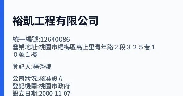 裕凱工程有限公司的照片-統編 12640086(桃園市) 公司登記資料與營業項目詳細圖表