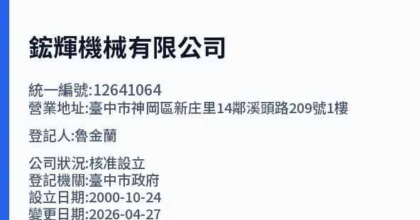 鋐輝機械有限公司的照片-統編 12641064(臺中市) 公司登記資料與營業項目詳細圖表