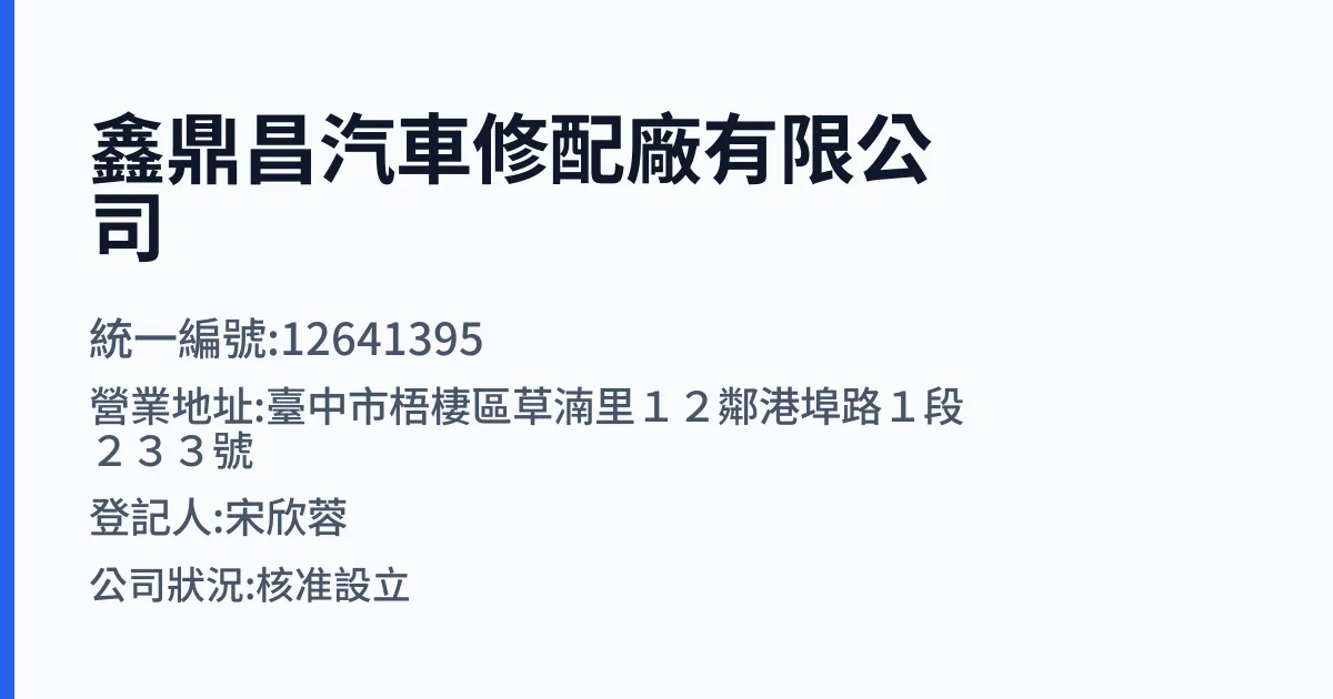 鑫鼎昌汽車修配廠有限公司 - 統編 12641395(臺中市) 公司登記資料與營業項目詳細圖表