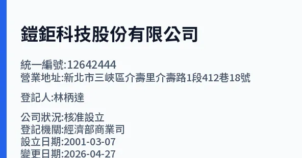 鎧鉅科技股份有限公司的照片-統編 12642444(新北市) 公司登記資料與營業項目詳細圖表