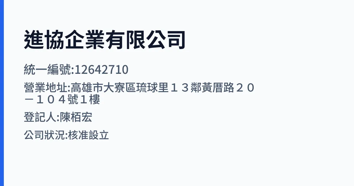 進協企業有限公司 - 統編 12642710(高雄市) 公司登記資料與營業項目詳細圖表