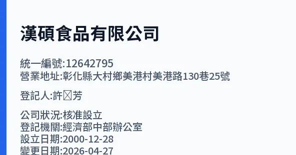漢碩食品有限公司的照片-統編 12642795(彰化縣) 公司登記資料與營業項目詳細圖表