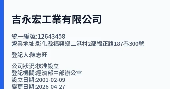 吉永宏工業有限公司的照片-統編 12643458(彰化縣) 公司登記資料與營業項目詳細圖表