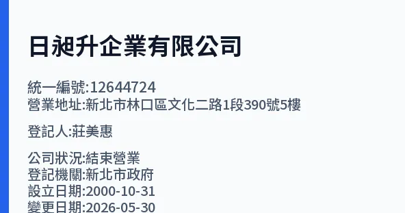 日昶升企業有限公司的照片-統編 12644724(新北市) 公司登記資料與營業項目詳細圖表