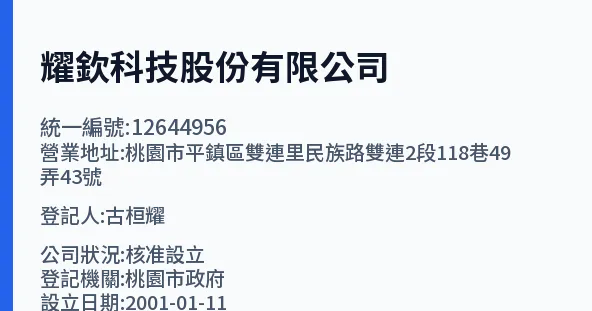 耀欽科技股份有限公司的照片-統編 12644956(桃園市) 公司登記資料與營業項目詳細圖表