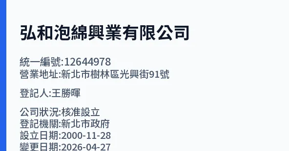 弘和泡綿興業有限公司的照片-統編 12644978(新北市) 公司登記資料與營業項目詳細圖表