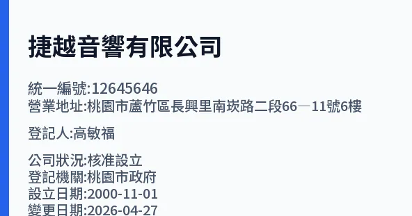 捷越音響有限公司的照片-統編 12645646(桃園市) 公司登記資料與營業項目詳細圖表