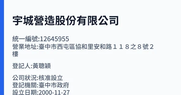 宇城營造股份有限公司的照片-統編 12645955(臺中市) 公司登記資料與營業項目詳細圖表
