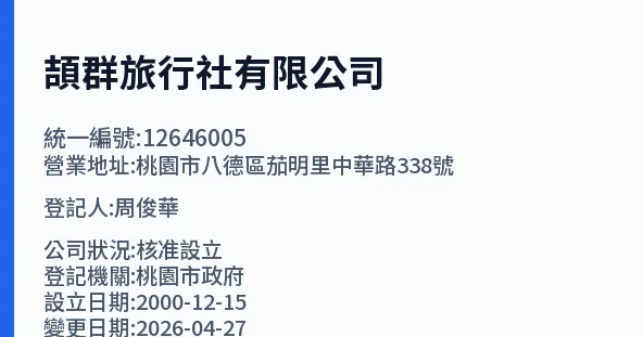 頡群旅行社有限公司的照片-統編 12646005(桃園市) 公司登記資料與營業項目詳細圖表