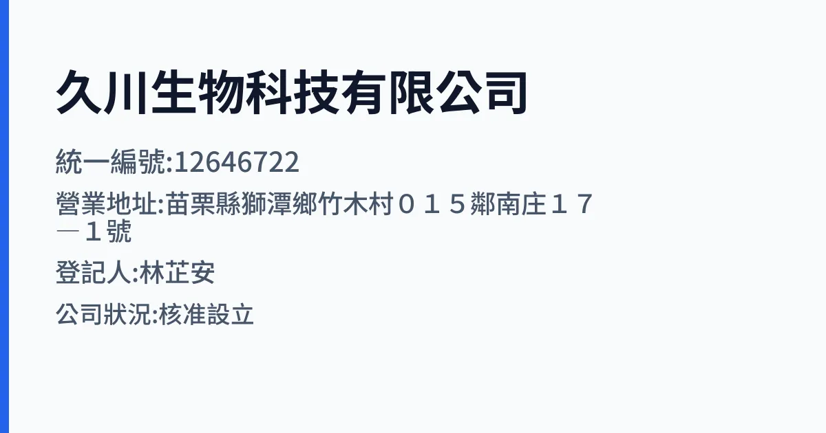 久川生物科技有限公司 - 統編 12646722(臺中市) 公司登記資料與營業項目詳細圖表