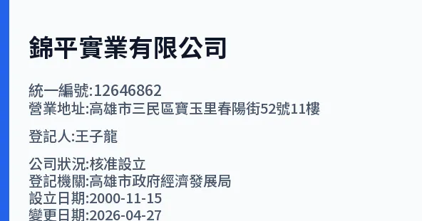 錦平實業有限公司的照片-統編 12646862(高雄市) 公司登記資料與營業項目詳細圖表