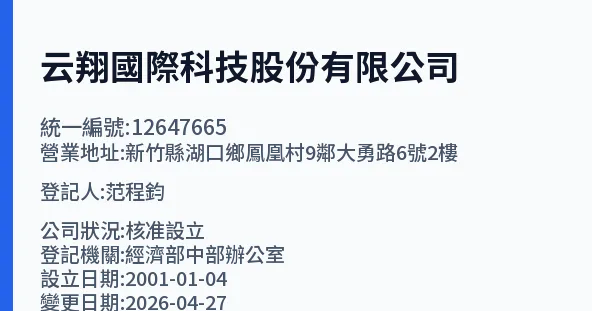 云翔國際科技股份有限公司的照片-統編 12647665(新竹縣) 公司登記資料與營業項目詳細圖表