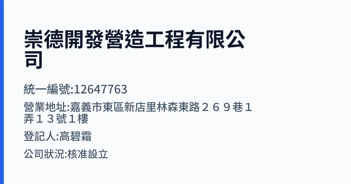 崇德開發營造工程有限公司 - 統編 12647763(嘉義市) 公司登記資料與營業項目詳細圖表