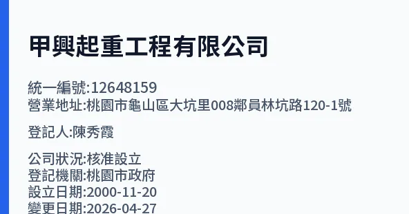 甲興起重工程有限公司的照片-統編 12648159(桃園市) 公司登記資料與營業項目詳細圖表