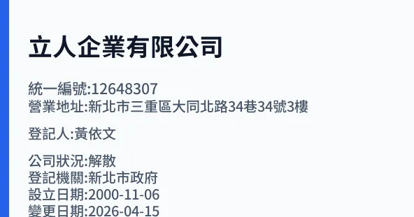 立人企業有限公司的照片-統編 12648307(新北市) 公司登記資料與營業項目詳細圖表