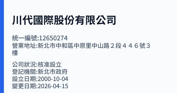 川代國際股份有限公司的照片-統編 12650274(新北市) 公司登記資料與營業項目詳細圖表