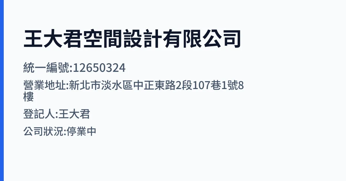 王大君空間設計有限公司 - 統編 12650324(新北市) 公司登記資料與營業項目詳細圖表