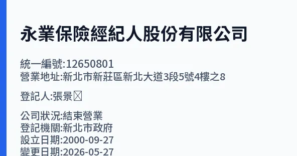 永業保險經紀人股份有限公司的照片-統編 12650801(新北市) 公司登記資料與營業項目詳細圖表