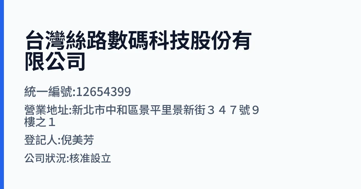 台灣絲路數碼科技股份有限公司 - 統編 12654399(新北市) 公司登記資料與營業項目詳細圖表