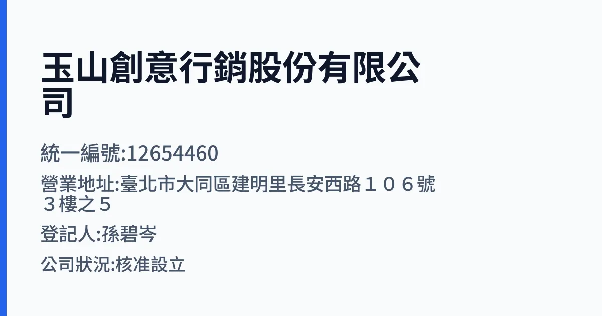 玉山創意行銷股份有限公司 - 統編 12654460(臺北市) 公司登記資料與營業項目詳細圖表