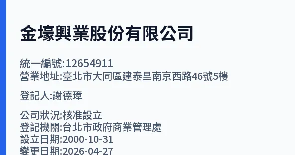 金壕興業股份有限公司的照片-統編 12654911(臺北市) 公司登記資料與營業項目詳細圖表