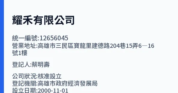 耀禾有限公司的照片-統編 12656045(高雄市) 公司登記資料與營業項目詳細圖表