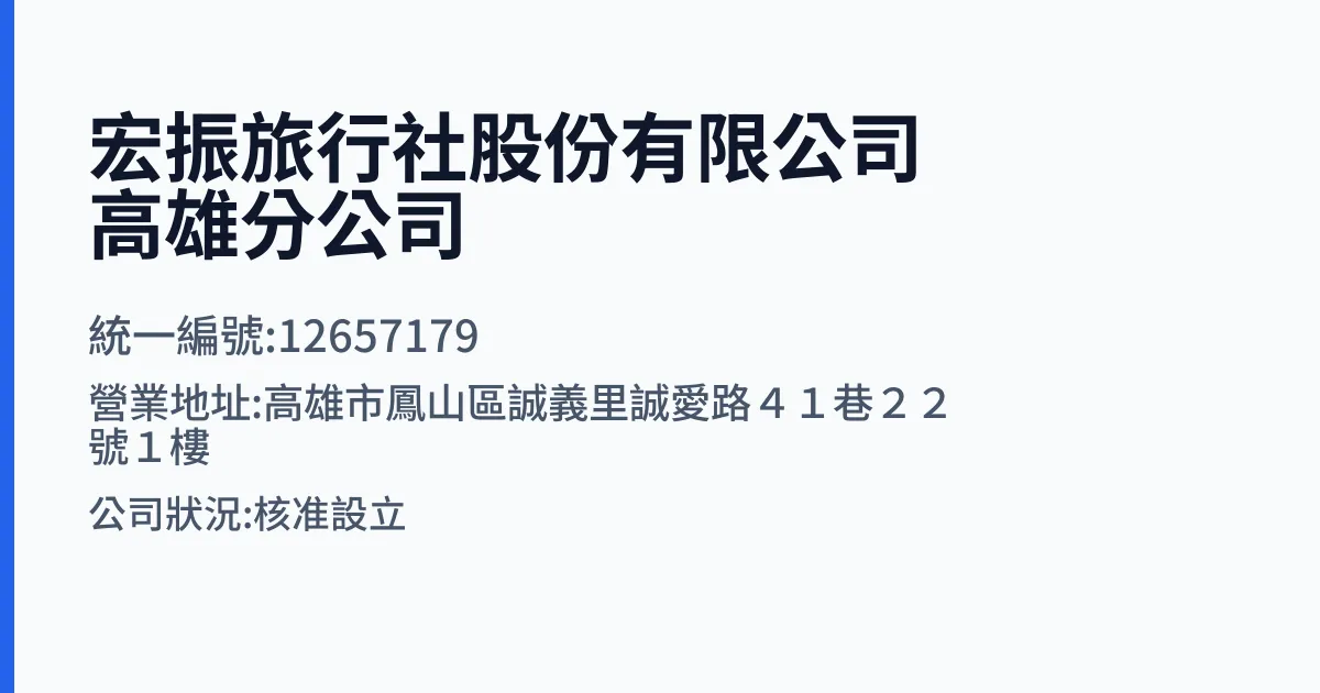 宏振旅行社股份有限公司高雄分公司 - 統編 12657179(高雄市) 公司登記資料與營業項目詳細圖表