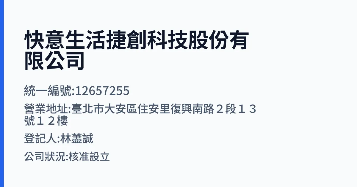 快意生活捷創科技股份有限公司 - 統編 12657255(臺北市) 公司登記資料與營業項目詳細圖表