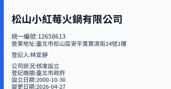 松山小紅莓火鍋有限公司的照片-統編 12658613(臺北市) 公司登記資料與營業項目詳細圖表