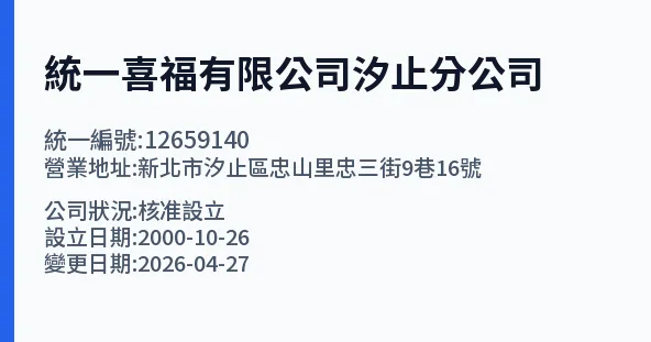 統一喜福有限公司汐止分公司的照片-統編 12659140(新北市) 公司登記資料與營業項目詳細圖表