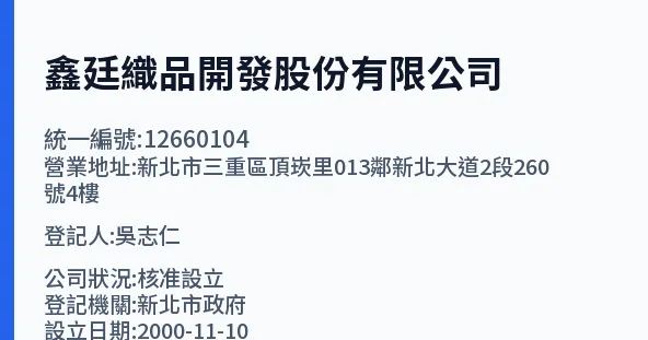 鑫廷織品開發股份有限公司的照片-統編 12660104(新北市) 公司登記資料與營業項目詳細圖表
