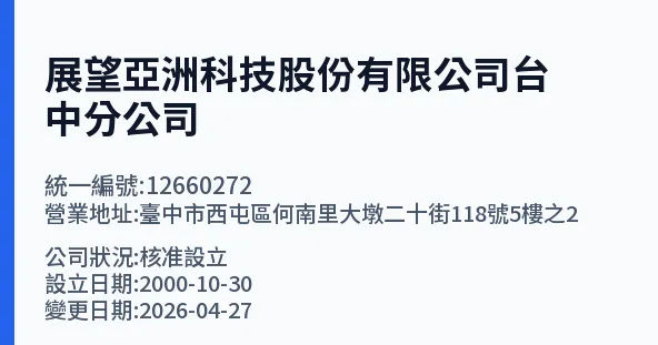 展望亞洲科技股份有限公司台中分公司的照片-統編 12660272(臺中市) 公司登記資料與營業項目詳細圖表
