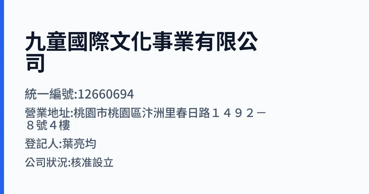 九童國際文化事業有限公司 - 統編 12660694(桃園市) 公司登記資料與營業項目詳細圖表
