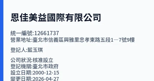 恩佳美益國際有限公司的照片-統編 12661737(臺北市) 公司登記資料與營業項目詳細圖表