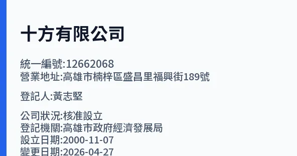 十方有限公司的照片-統編 12662068(高雄市) 公司登記資料與營業項目詳細圖表