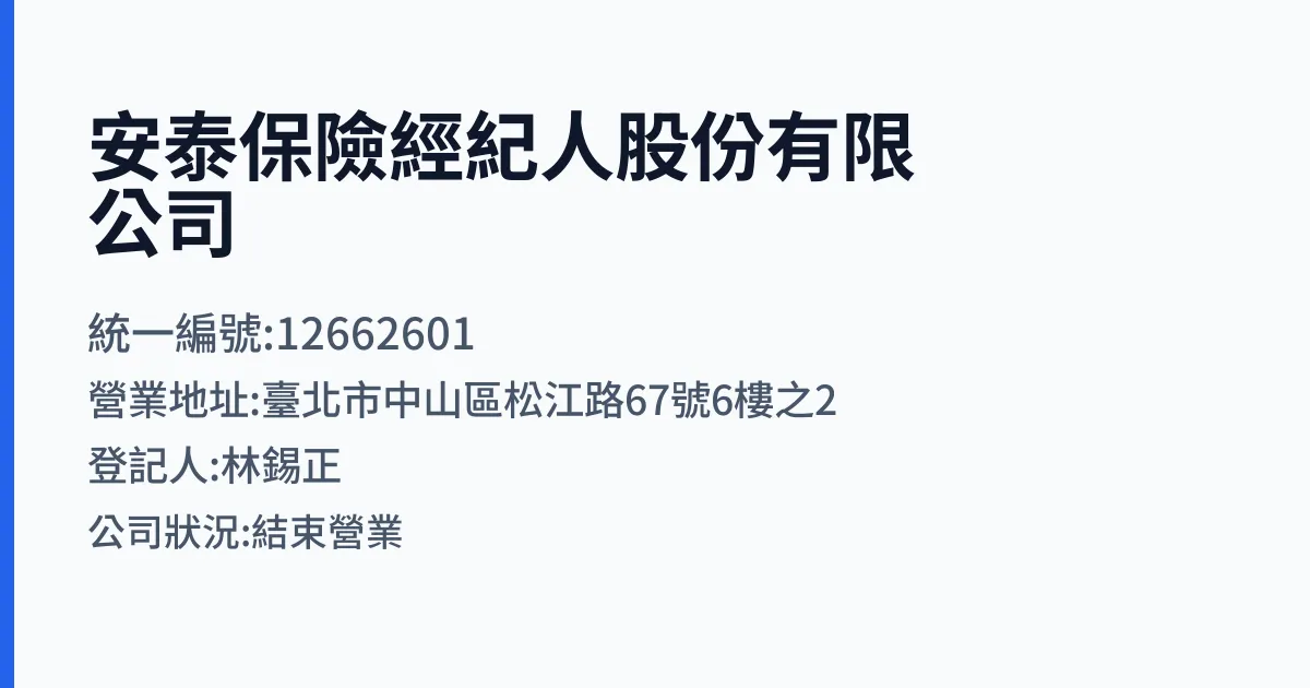 安泰保險經紀人股份有限公司 - 統編 12662601(臺北市) 公司登記資料與營業項目詳細圖表