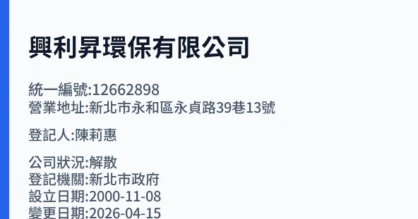 興利昇環保有限公司的照片-統編 12662898(新北市) 公司登記資料與營業項目詳細圖表