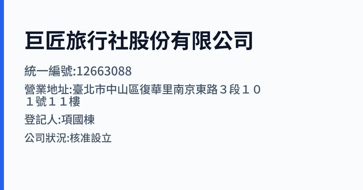 巨匠旅行社股份有限公司 - 統編 12663088(臺北市) 公司登記資料與營業項目詳細圖表