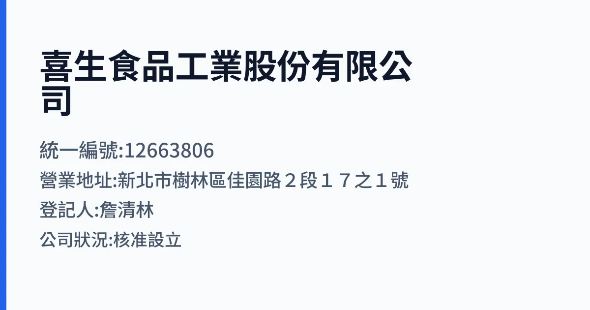 喜生食品工業股份有限公司 - 統編 12663806(新北市) 公司登記資料與營業項目詳細圖表